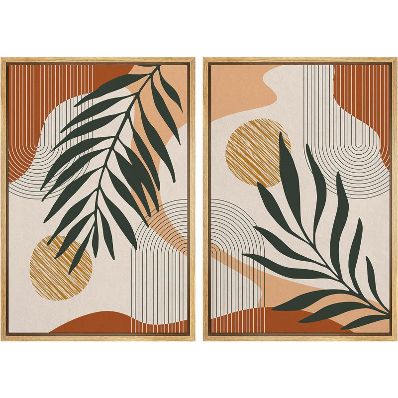 IDEA4WALL Mid Century Modern Palm Leaf Geometry Abstract Plants Framed Canvas 2 Piece Print Boho ...